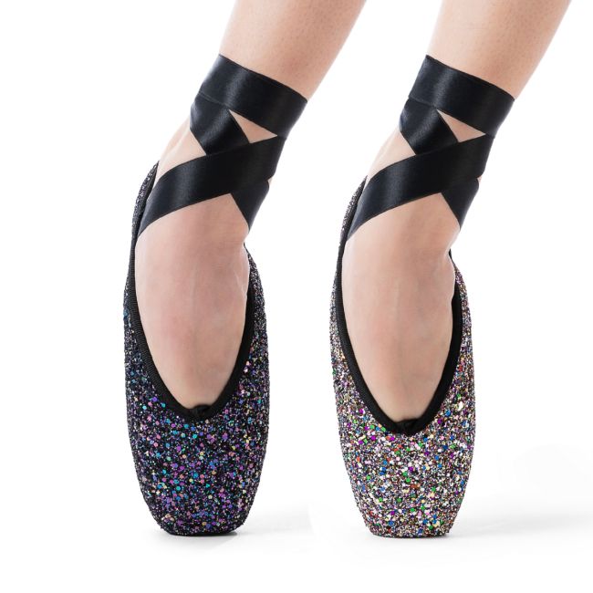 SPARKLE our glittery pointe shoe with assorted ribbons.